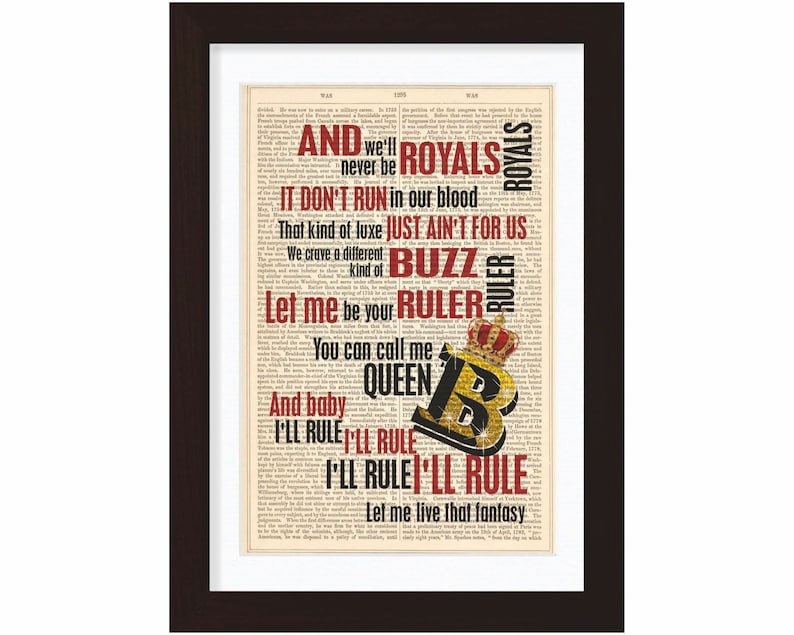 Lorde Royals Song Lyrics Print on Upcycled Vintage Dictionary Page ...