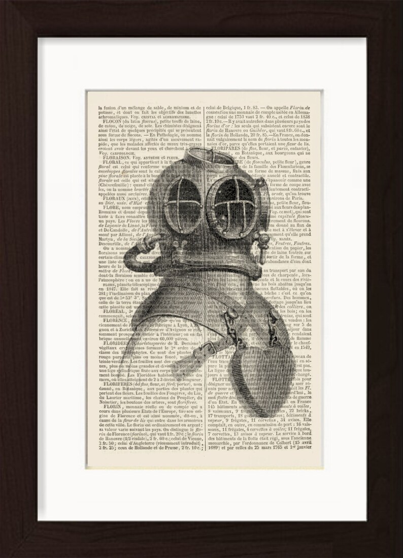 Antique Diving Helmet Print on vintage upcycled page | Etsy