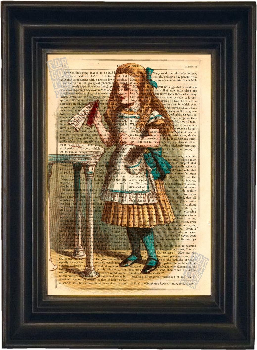 Alice Drinks At Table Print on upcycled Vintage Page mixed | Etsy