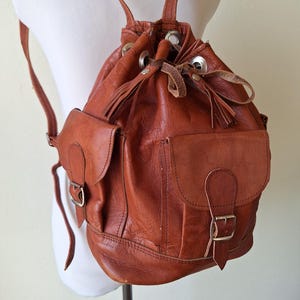 Vintage Brown Leather Mini Backpack Purse, 80s Small Drawstring Unisex ...