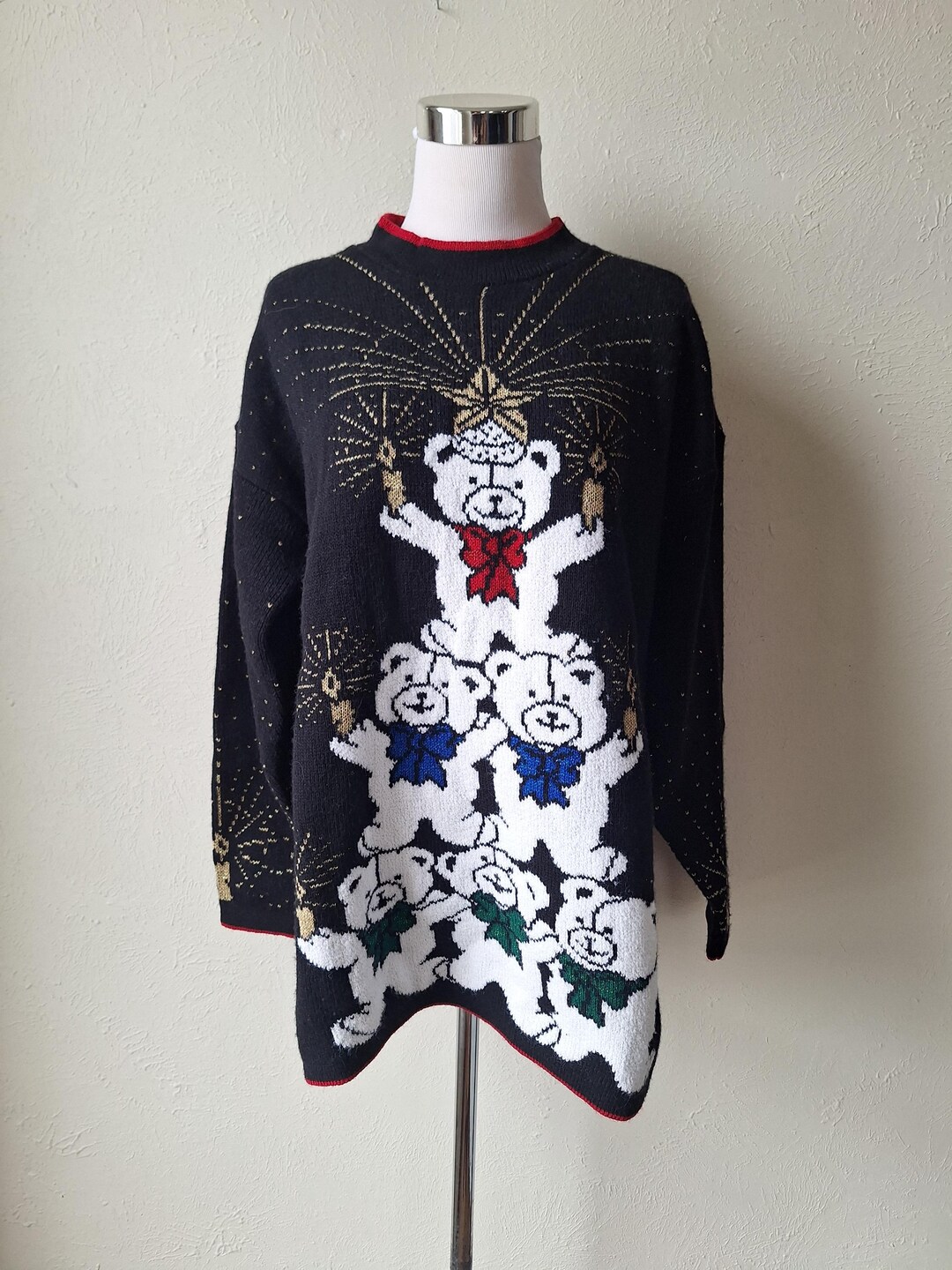 Vintage 80s Teddy Bear Ugly Christmas Holiday Party Sweater, Size Large ...