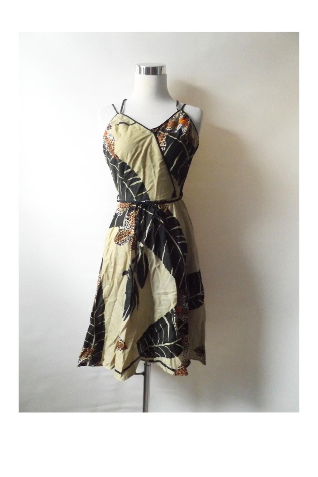 80s Tropical Leopard Print Sundress, XXS Black Tan Banana Leaf Pattern ...