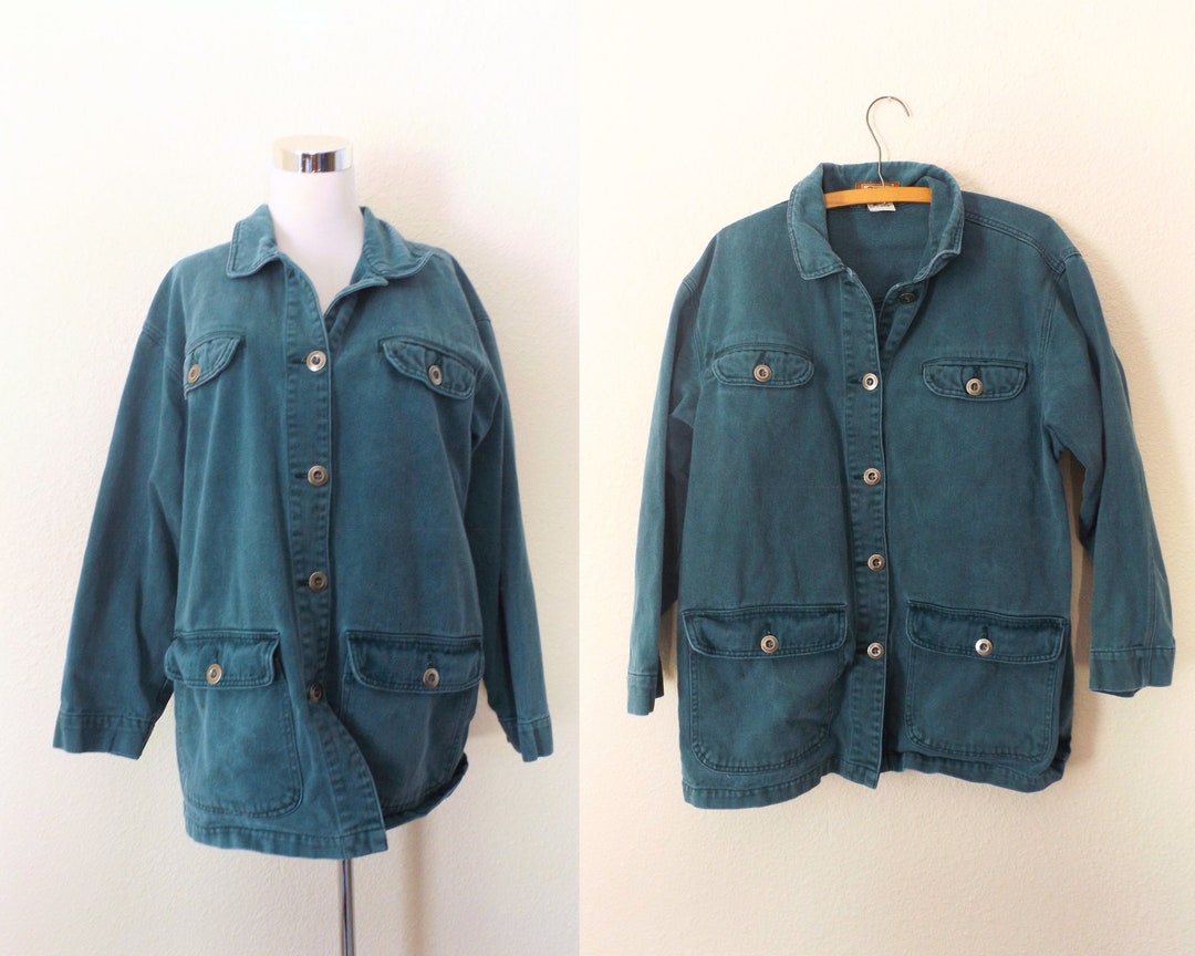 90s Green Denim Chore Jacket, Medium Large Unisex Cotton Color Jean ...