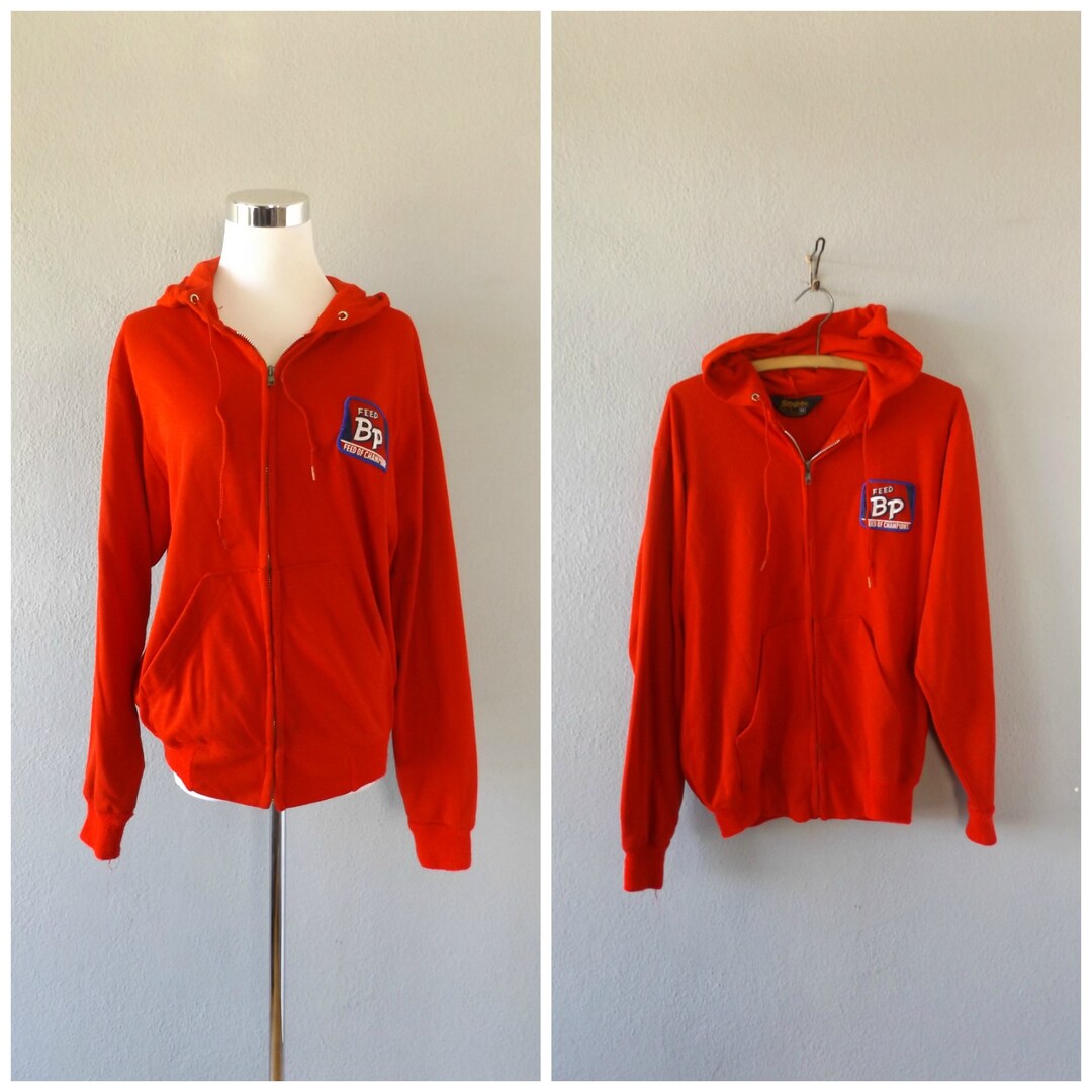 80s Full Zip up Hoodie Jacket Size Medium M Vintage Red Hooded Unisex ...