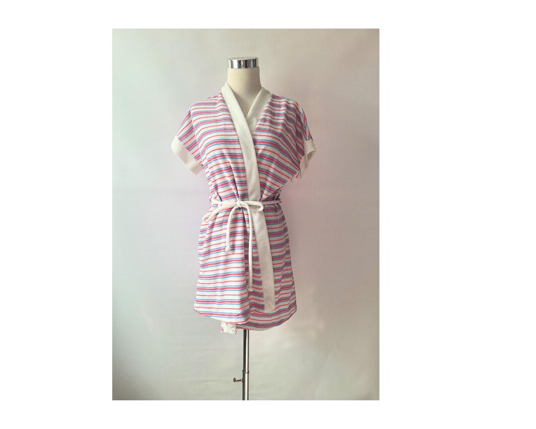 Vintage 80s Striped Wrap Terry Cloth Bathrobe, Women's Size Small S ...