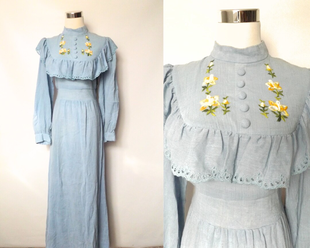 Vintage 60s Embroidered Linen Maxi Dress, Small Blue Floor Length ...