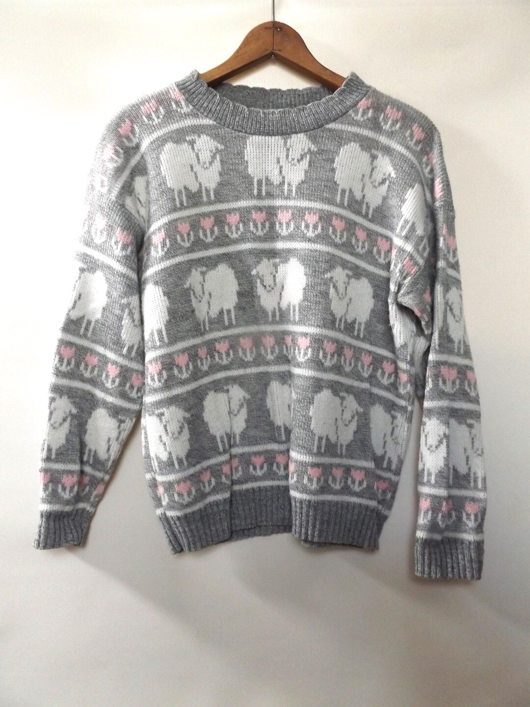 Vintage 80s Lamb Print Knit Sweater | Pink & Gray, Size Small - Etsy