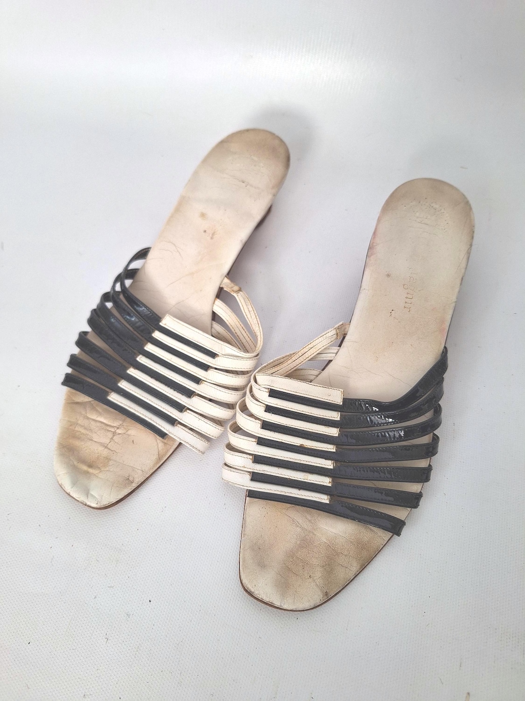 Vintage 60s Mod Black & White Slide Sandals – Strappy Mid Century ...