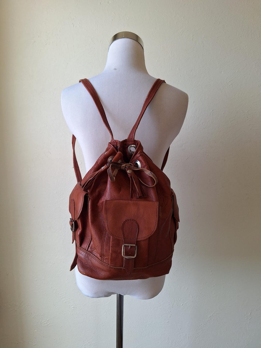 Vintage Brown Leather Mini Backpack Purse, 80s Small Drawstring Unisex ...