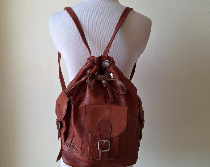 Vintage Brown Leather Mini Backpack Purse, 80s Small Drawstring Unisex ...