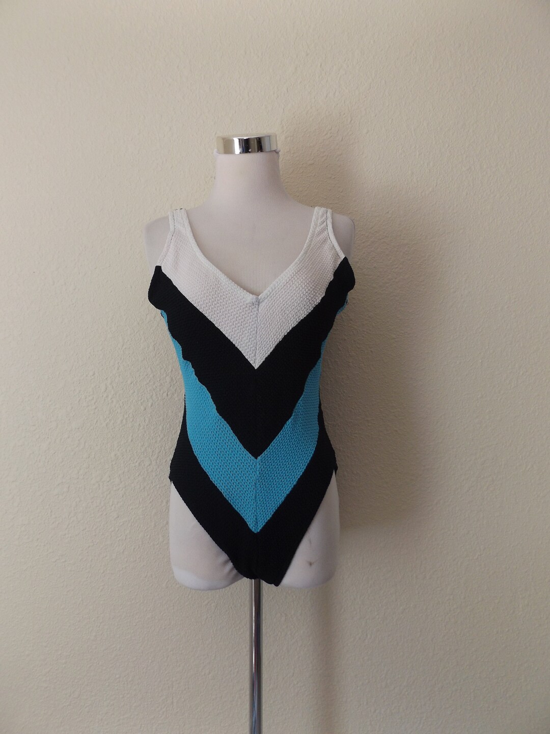 80s Chevron One Piece Bathing Suit, Size 16 Large, Turquoise Blue Black ...