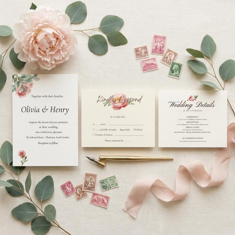 Peony Wedding Invitation Suite | 3 Cards Editable Canva RSVP Details - Etsy