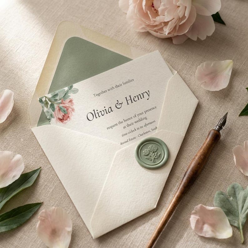 Peony Wedding Invitation Suite | 3 Cards Editable Canva RSVP Details - Etsy
