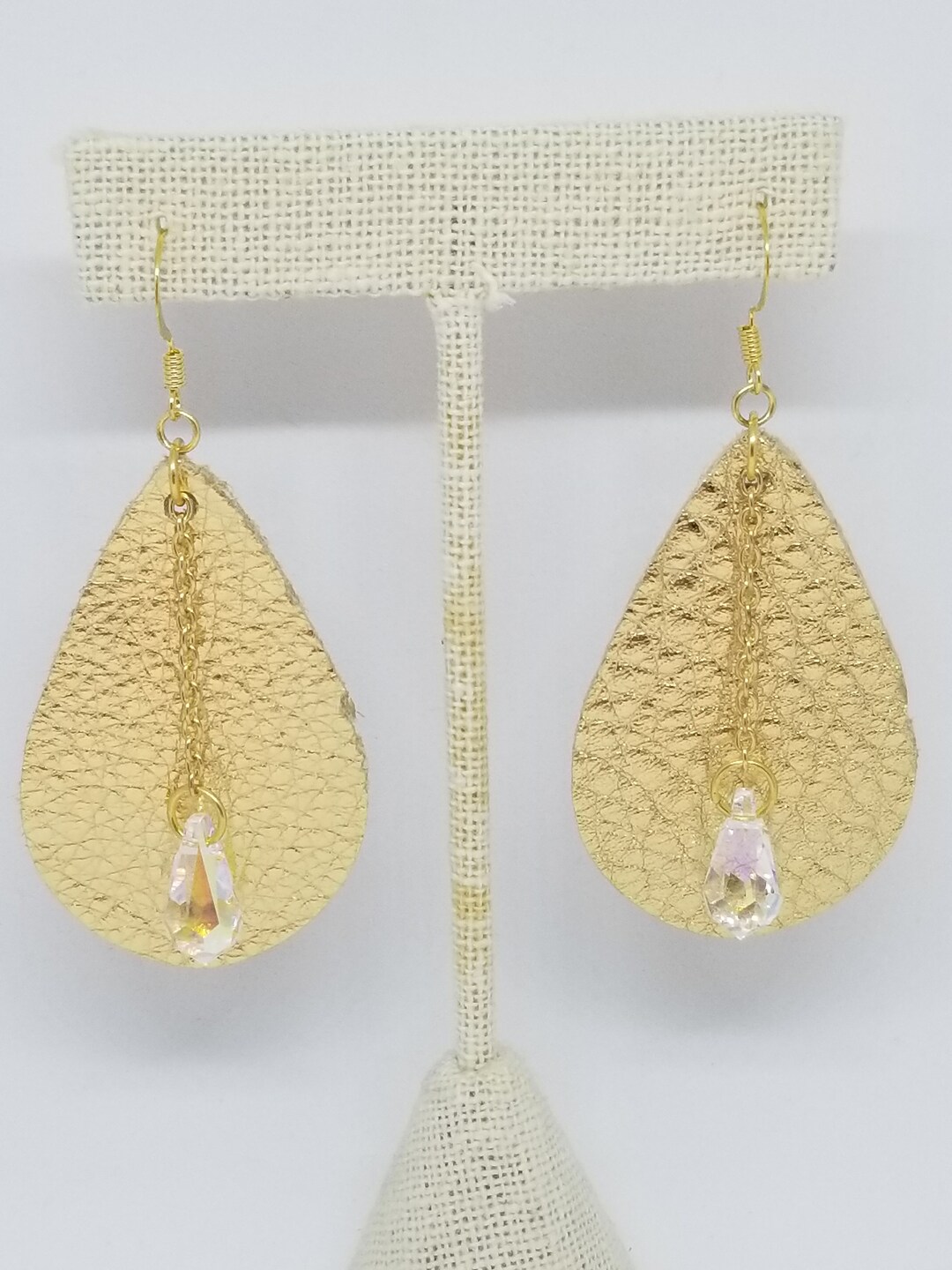 Metallic Gold Leather Teardrops and Swarovski Teardrop Crystal Earrings ...