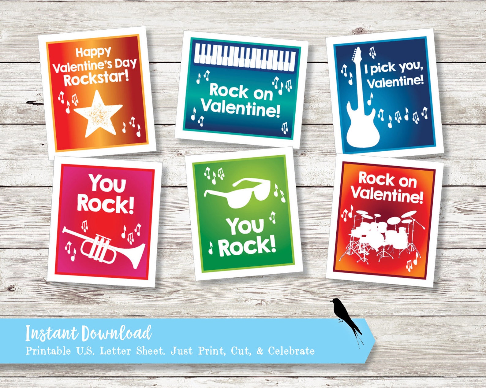 Printable Rock & Roll Valentine's Day Cards, Colorful, Musical Rockstar ...