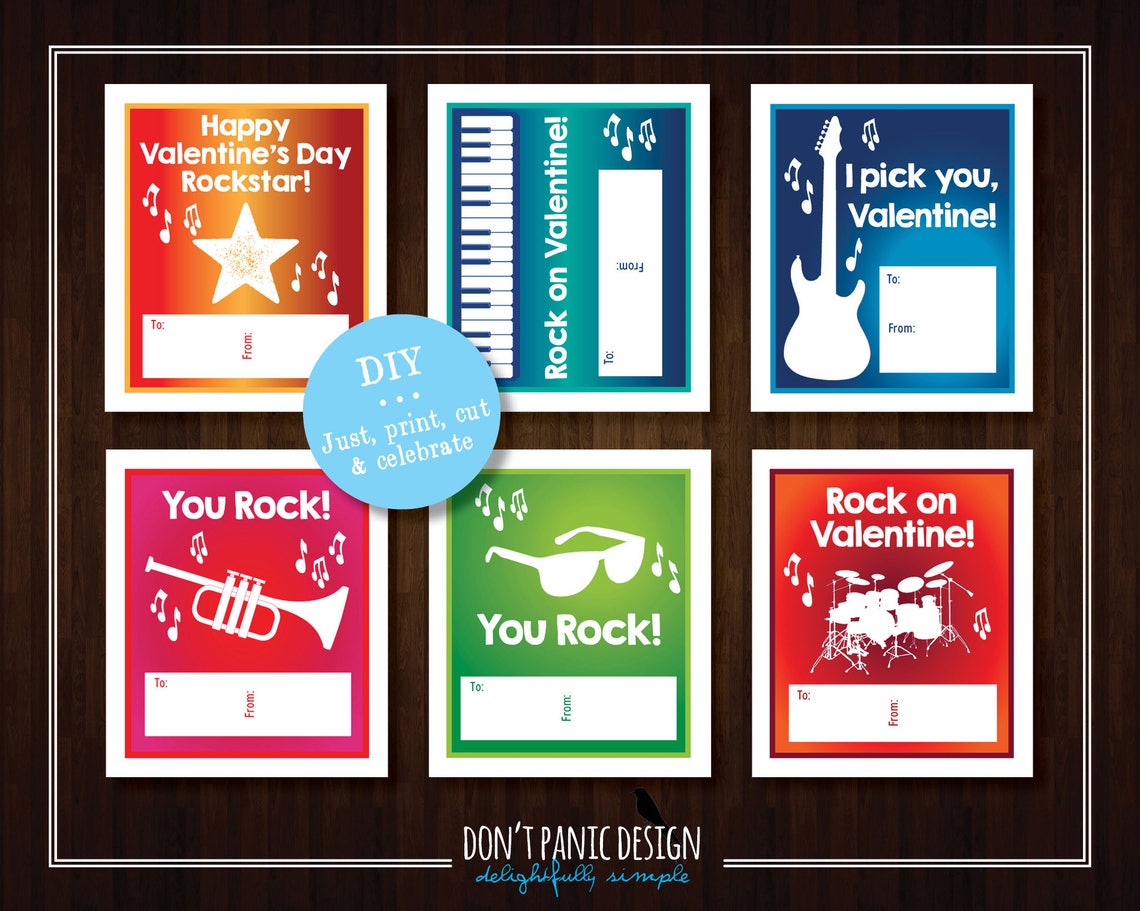 Printable Rock & Roll Valentine's Day Cards, Colorful, Musical Rockstar ...