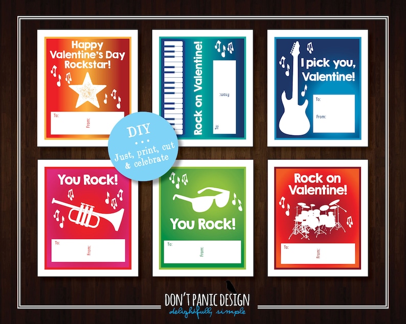 Printable Rock & Roll Valentine's Day Cards, Colorful, Musical Rockstar ...