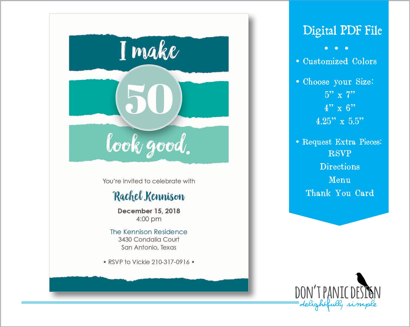 Printable 50th Birthday Invitation in Teals, Funny Birthday Invitation ...