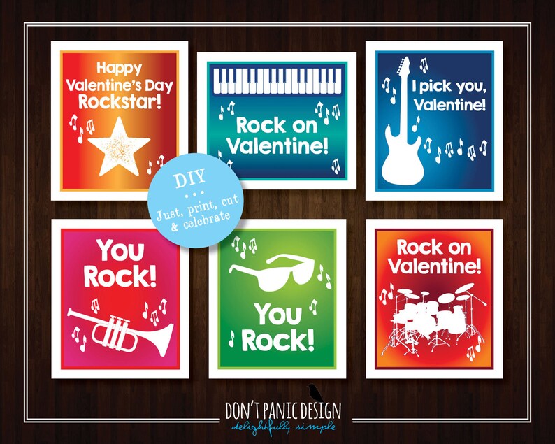 Printable Rock & Roll Valentine's Day Cards, Colorful, Musical Rockstar ...
