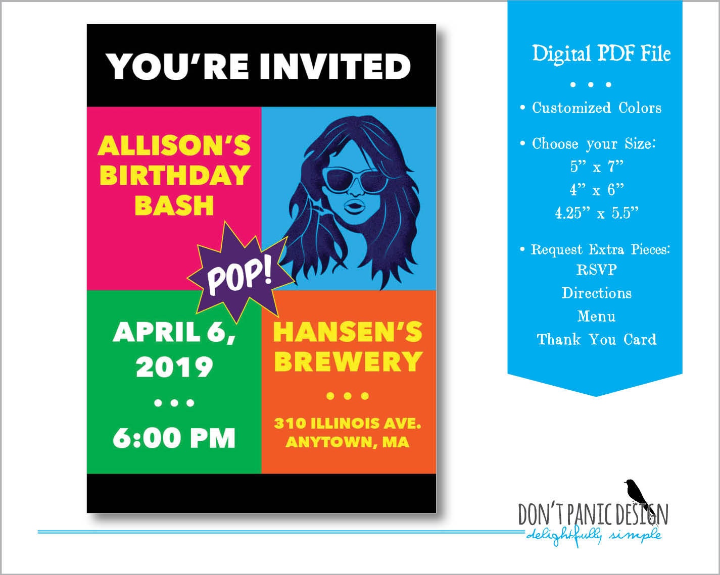 Pop Art Printable Birthday Invitation, Woman's Birthday - Bright Pop ...