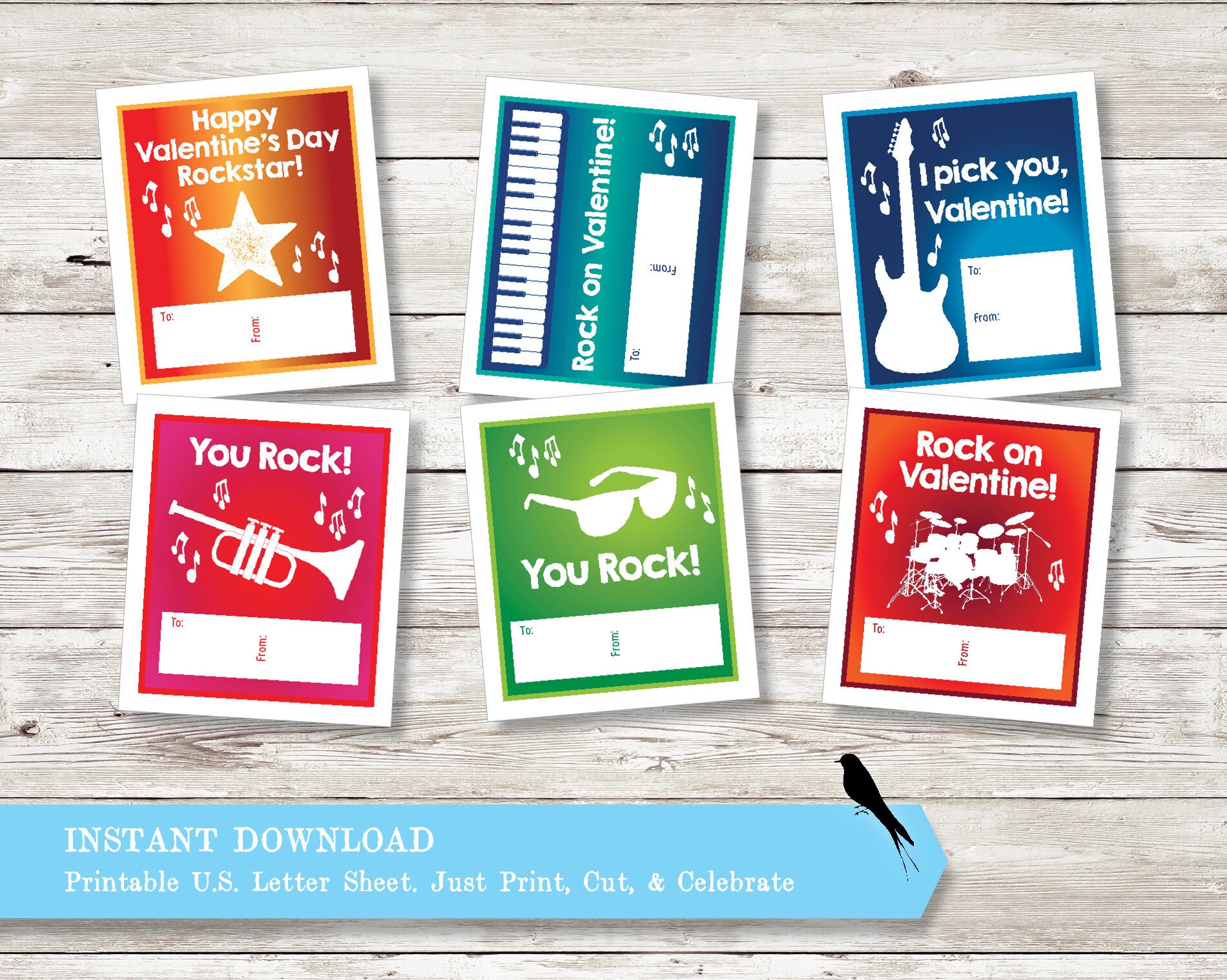 Printable Rock & Roll Valentine's Day Cards, Colorful, Musical Rockstar ...