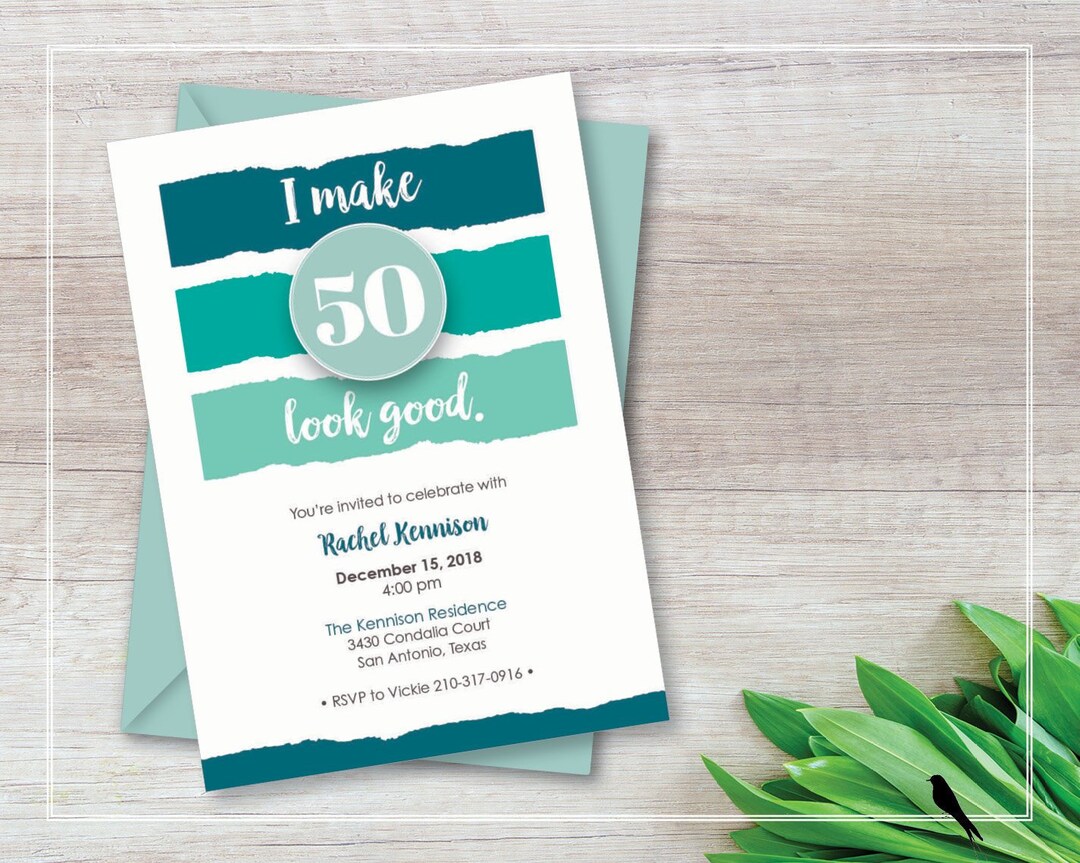 Printable 50th Birthday Invitation in Teals, Funny Birthday Invitation ...