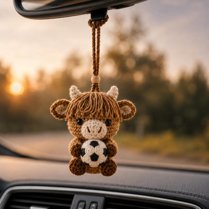 Handmade Crochet Highland Cow Car Charm, Amigurumi Rearview Mirror ...