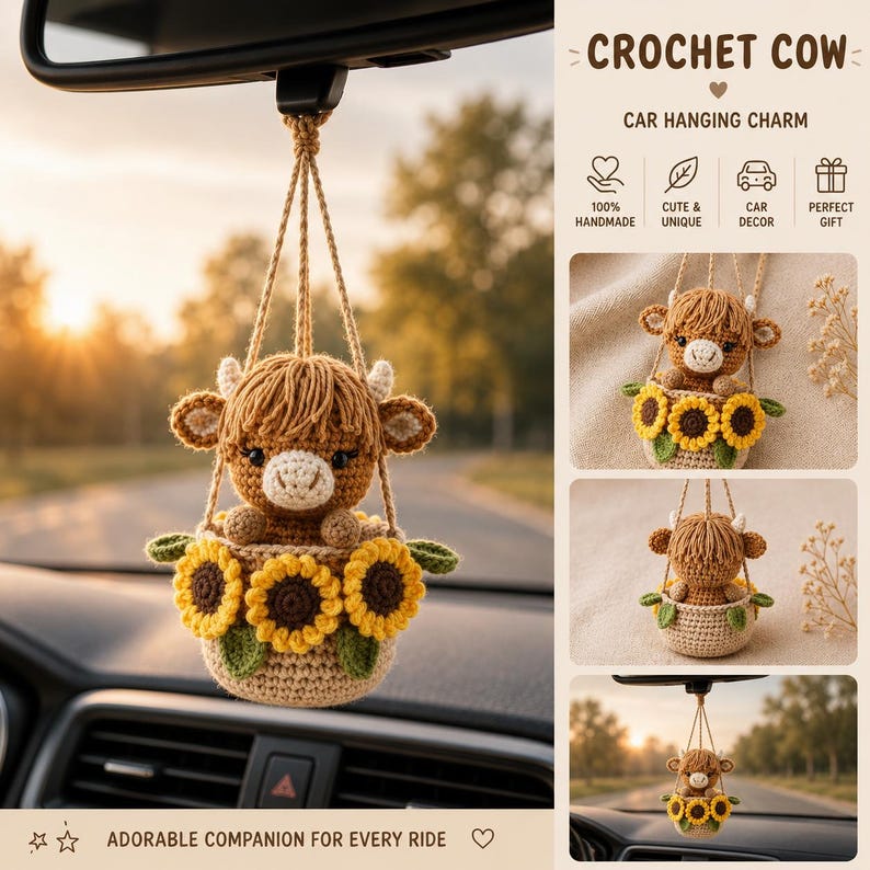 Handmade Crochet Highland Cow Car Charm, Amigurumi Rearview Mirror ...