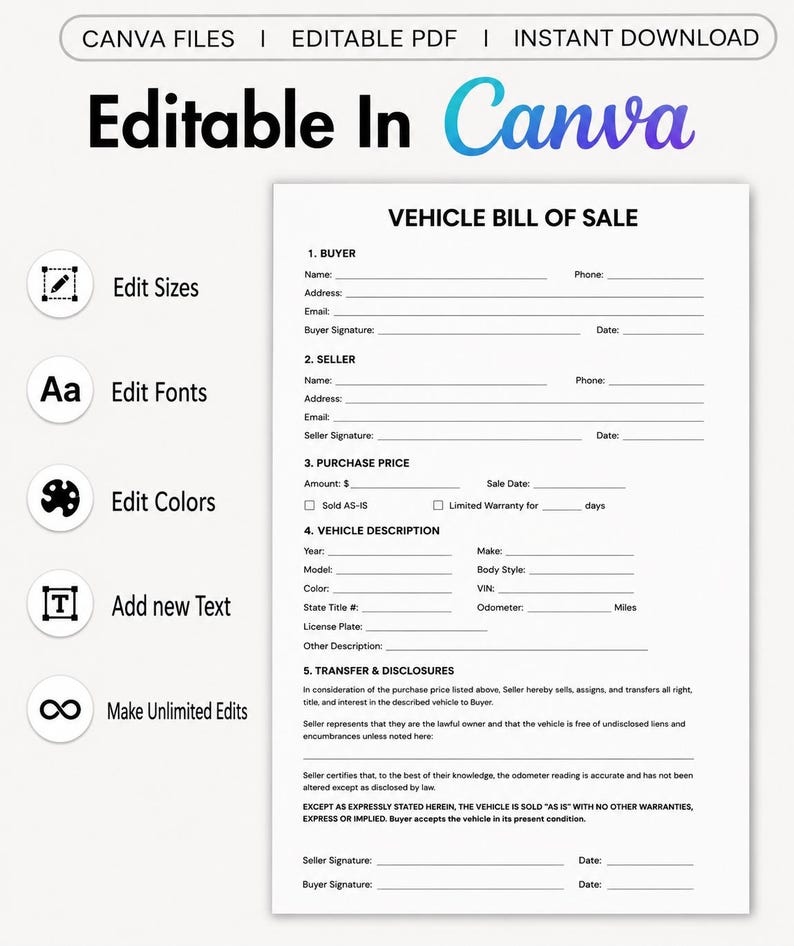 Printable & Editable Vehicle Bill of Sale Template | Printable Car Sale ...