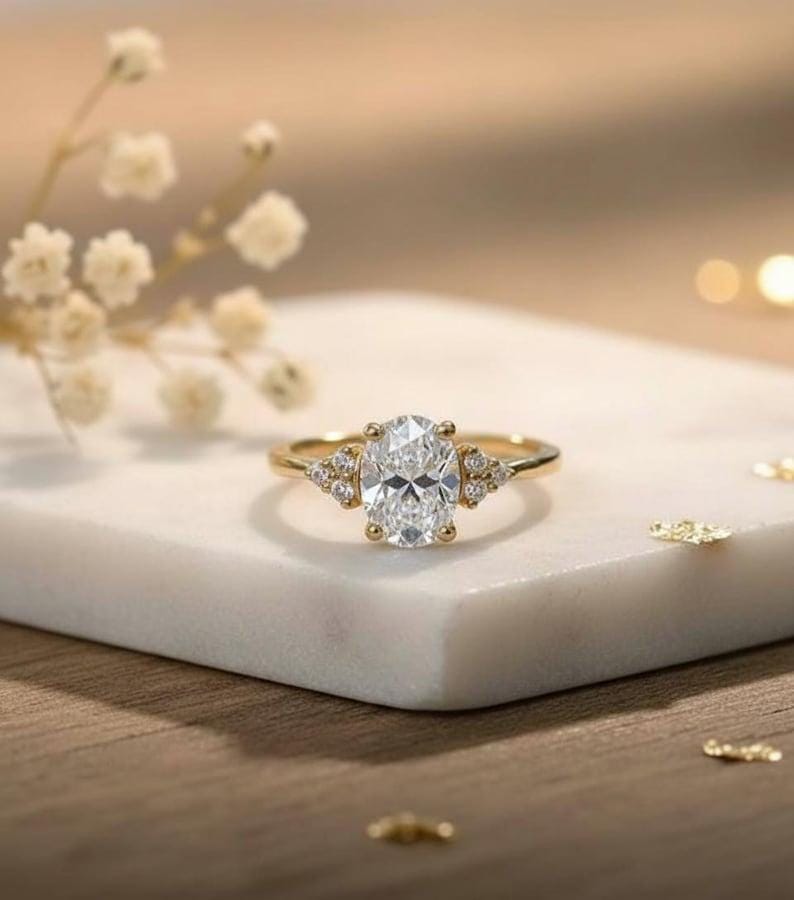 Oval Moissanite Engagement Ring, Twisted Vine 18K Gold Cluster Ring - Etsy