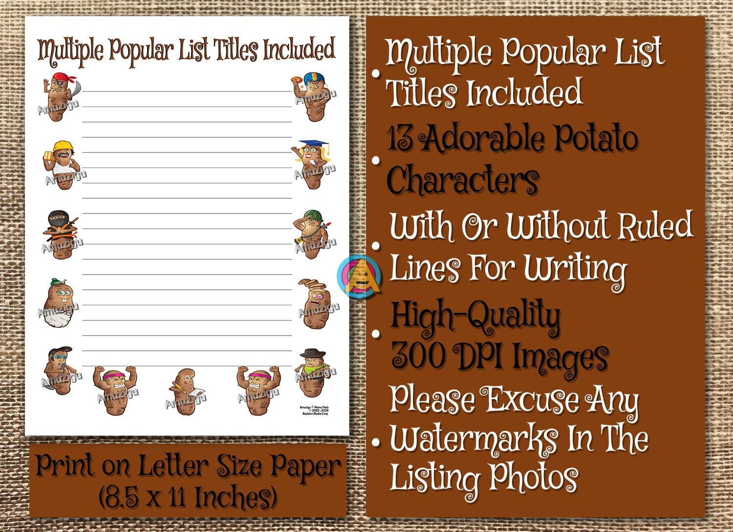 Potato To-do Lists | Printable Lists | Daily Tasks | Task List | DIY ...