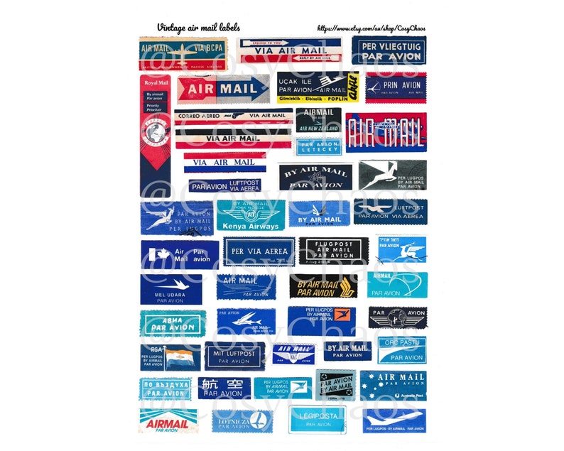 Vintage Airmail Labels, Digital Download, Worldwide Stickers. - Etsy