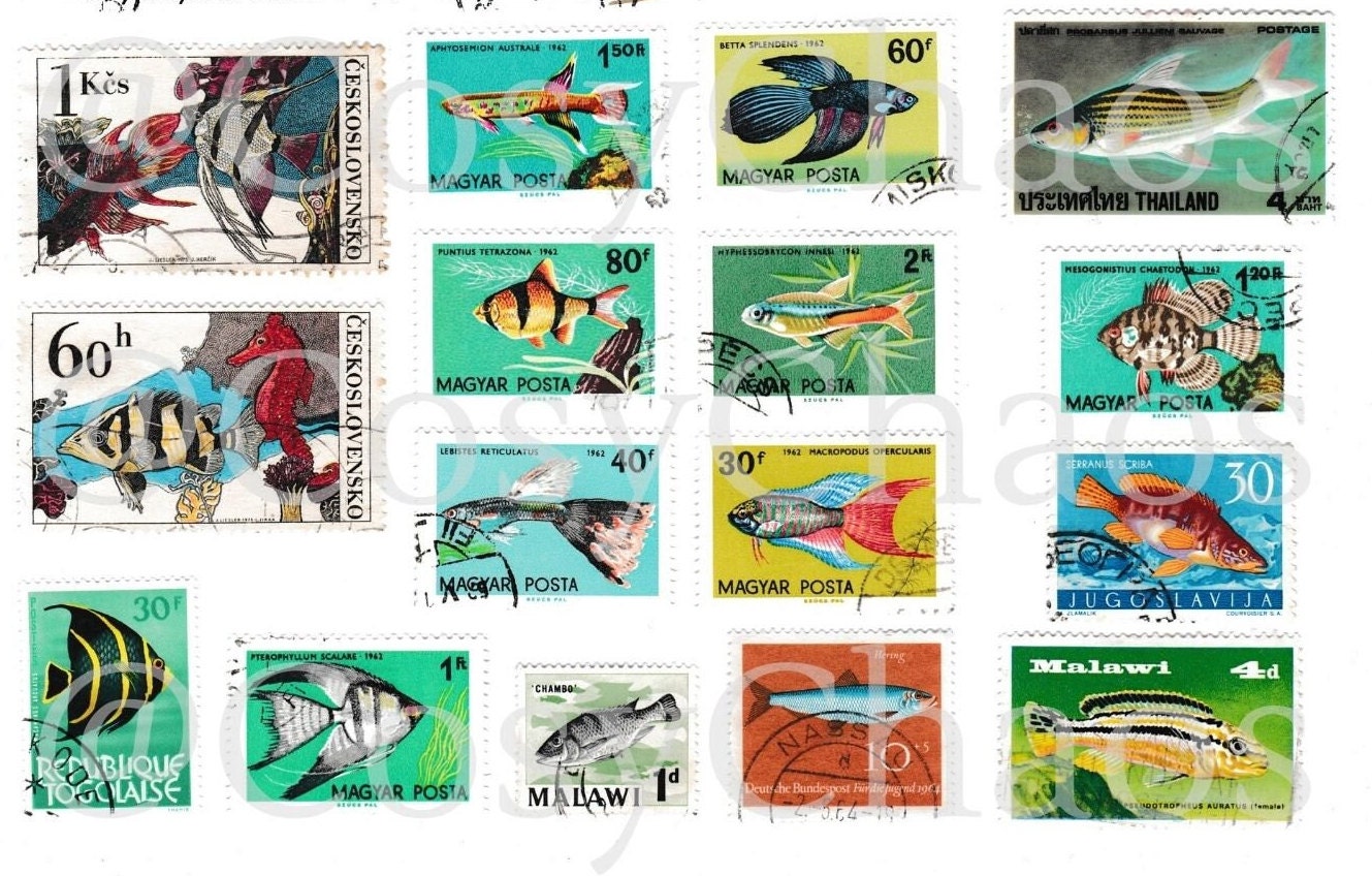 Printable Old Postage Stamps, Fish Ephemera & Collage Sheet for Junk ...