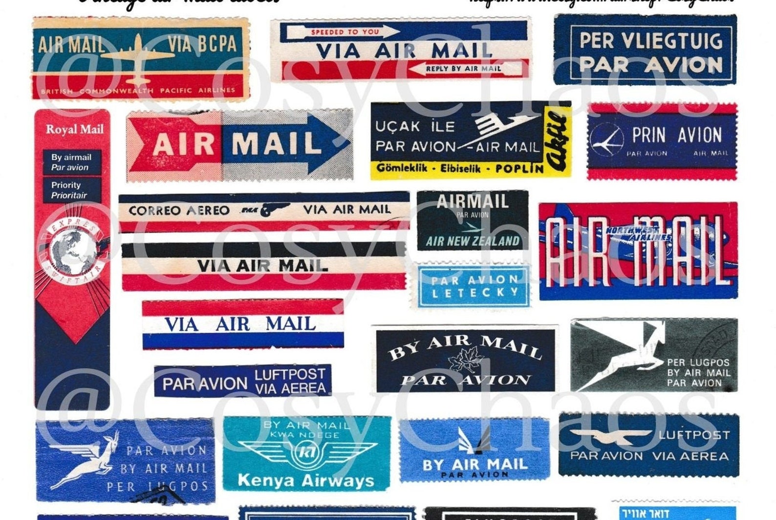 Vintage Airmail Labels, Digital Download, Worldwide Stickers. - Etsy ...