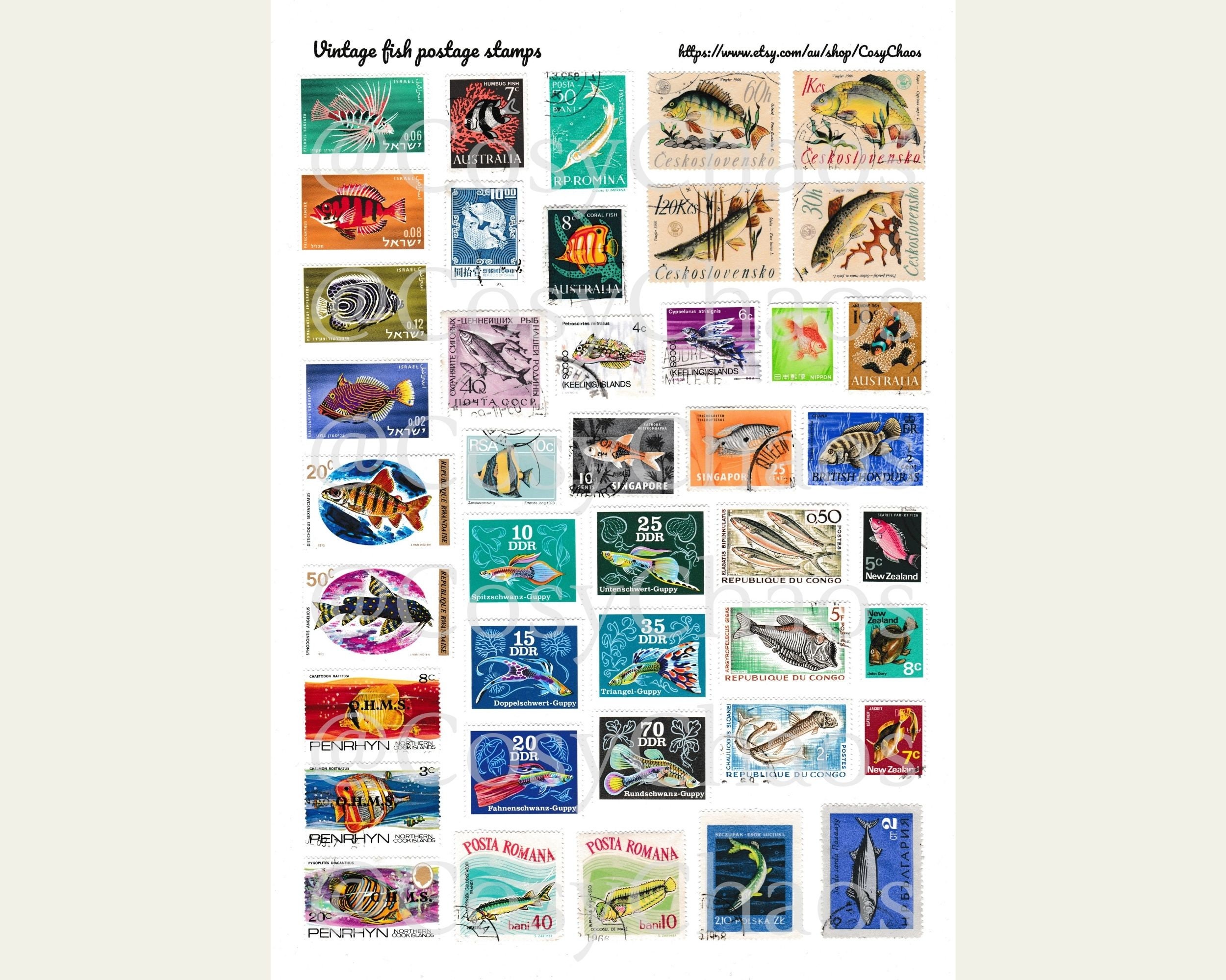 Printable Old Postage Stamps, Fish Ephemera & Collage Sheet for Junk ...