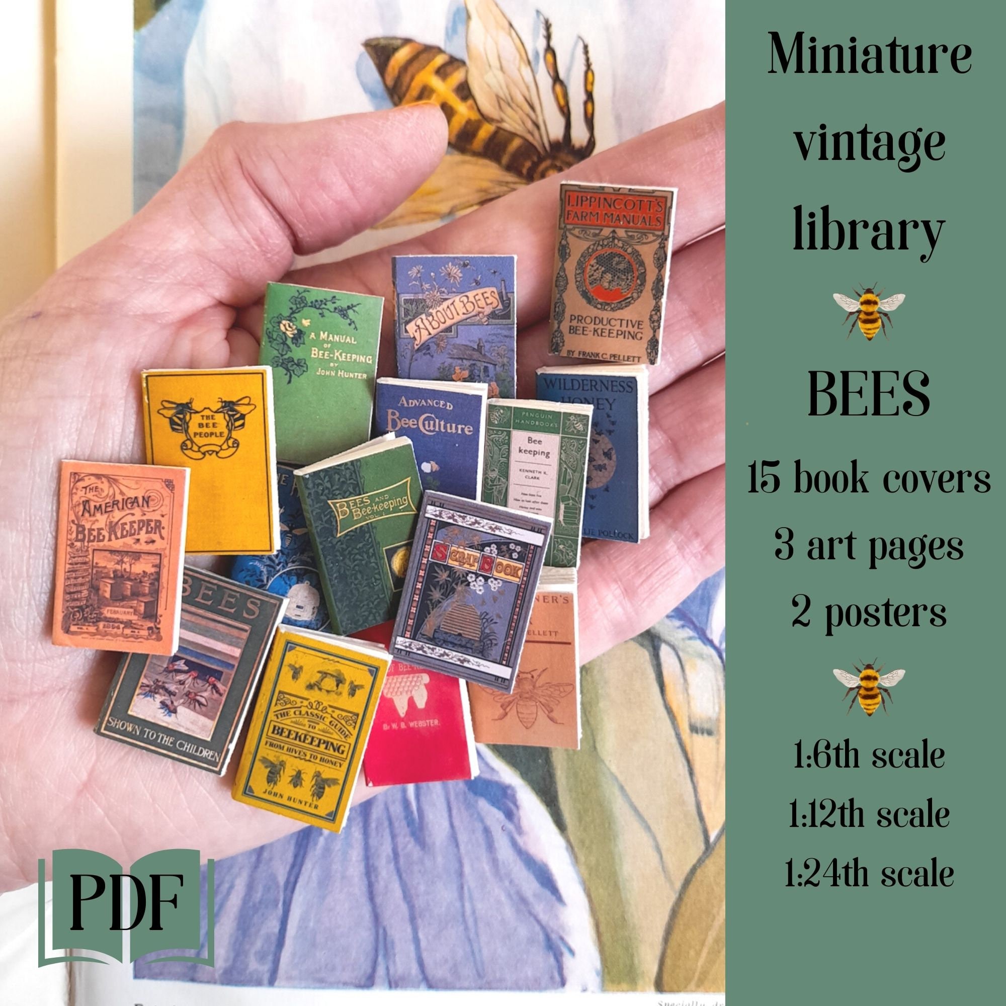 Miniature Vintage Library BEES, 15 Vintage Book Covers for Dollhouse 1 ...