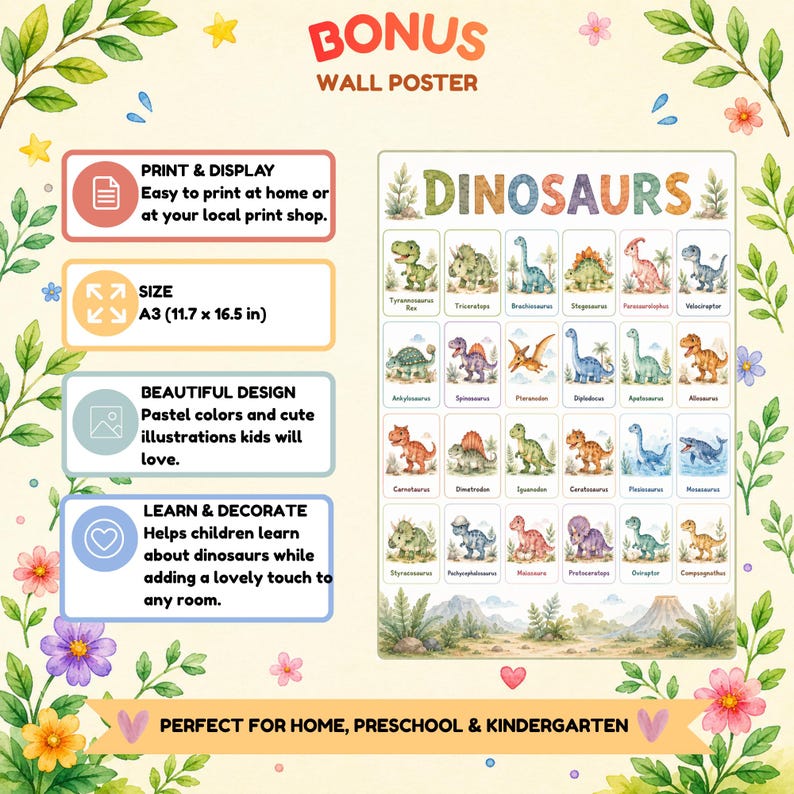 Watercolor Dinosaur Flashcards for Kids | Educational Learning Activity ...