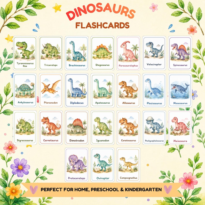 Watercolor Dinosaur Flashcards for Kids | Educational Learning Activity ...