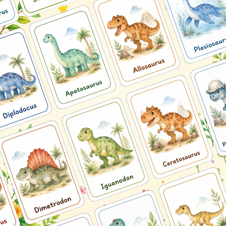 Watercolor Dinosaur Flashcards for Kids | Educational Learning Activity ...