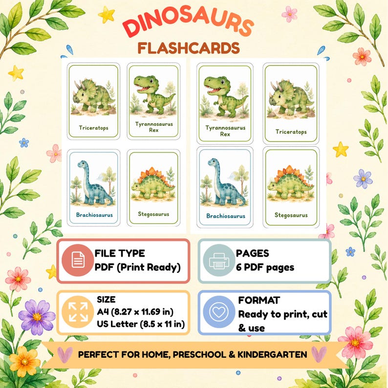 Watercolor Dinosaur Flashcards for Kids | Educational Learning Activity ...