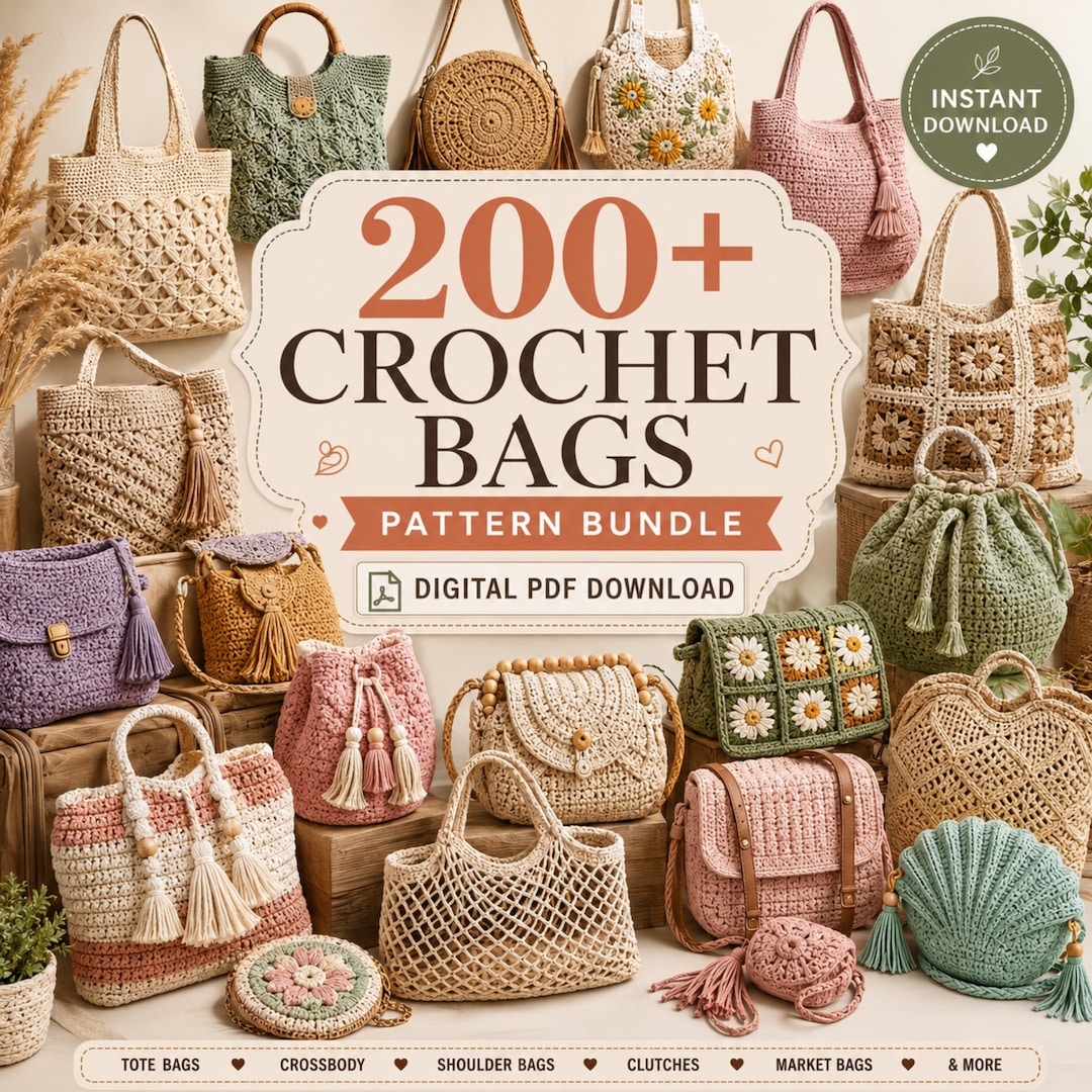 200+ Crochet Bag Patterns Bundle, Tote, Crossbody, Shoulder, Boho ...