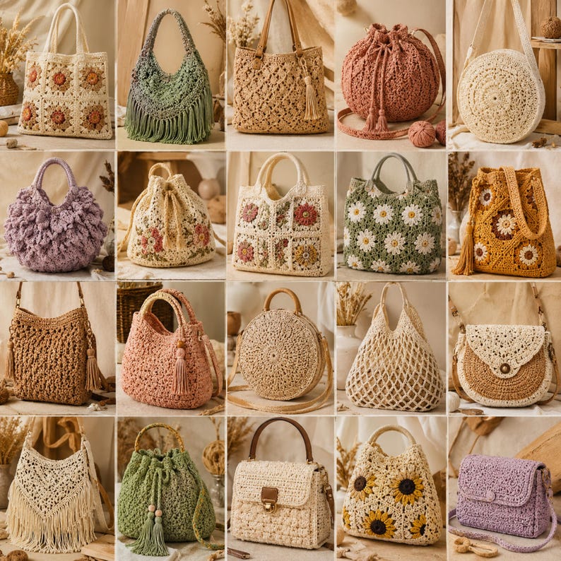 200+ Crochet Bag Patterns Bundle, Boho Tote Crossbody Clutch ...