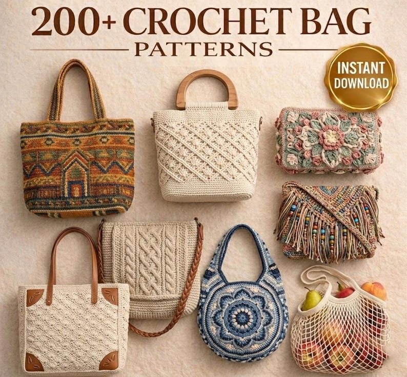 200+ Crochet Bag Patterns Bundle, Boho Tote Crossbody Clutch ...