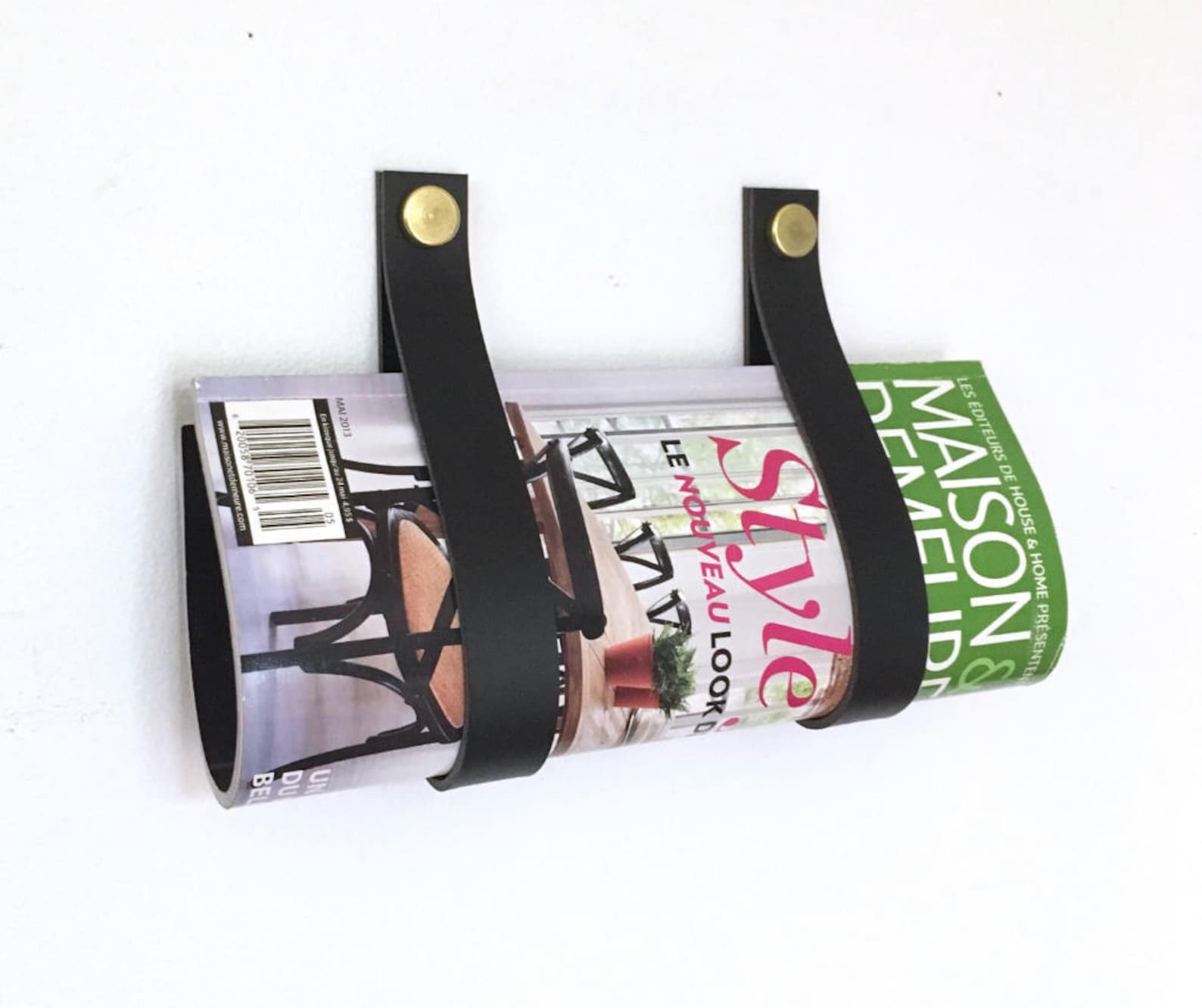 Magazine Holder Black Recycled Leather and Brass Wall Mounted | Etsy