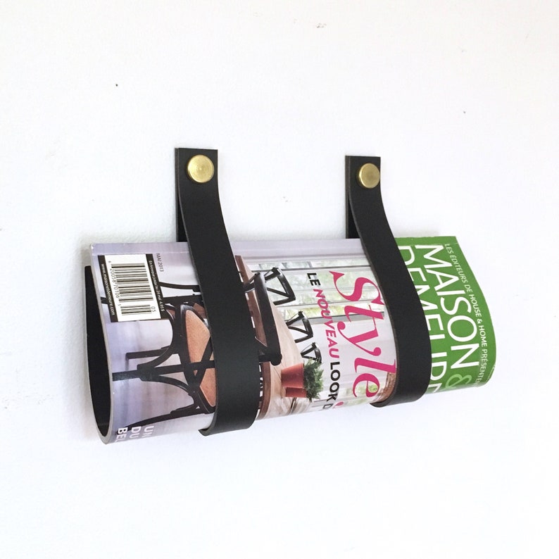 Magazine Holder Recycled Leather and Brass Wall Strap for - Etsy