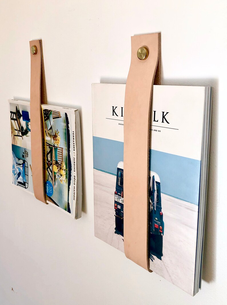 Magazine Holder Recycled Leather and Brass Wall Strap for - Etsy