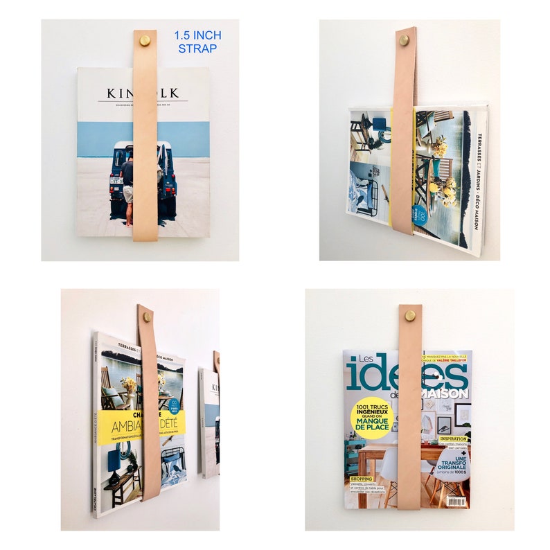 Magazine Holder Recycled Leather and Brass Wall Strap for - Etsy