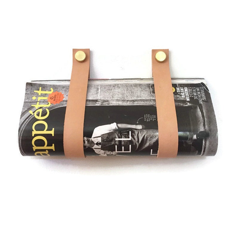 Magazine Holder Recycled Leather and Brass Wall Strap for - Etsy