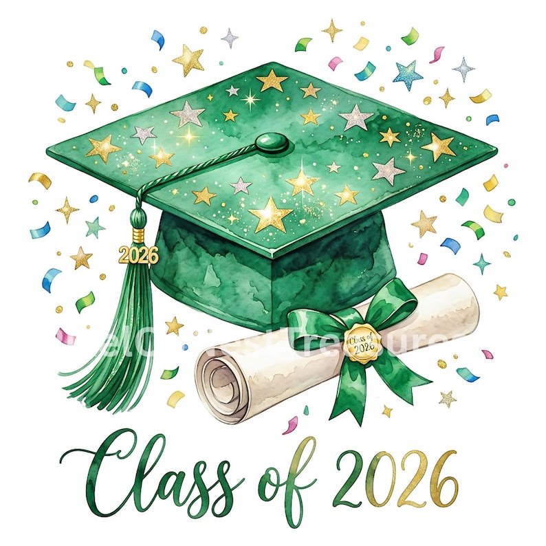 Green Graduation Cap PNG Class of 2026 Watercolor Graduation Clipart ...