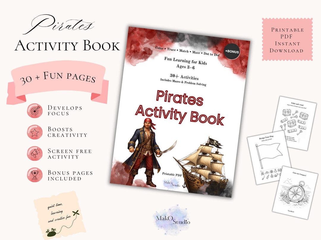 Pirates Activity Book for Kids Ages 3-6 – Coloring, Mazes, Learning ...
